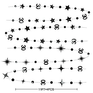 Black 30th Birthday Decorations Number 30 Circle Dot Twinkle Star Garland Metallic Hanging Streamer Bunting Banner Backdrop for Mens Womens Happy Dirty 30 Year Old Thirty Anniversary Party Supplies