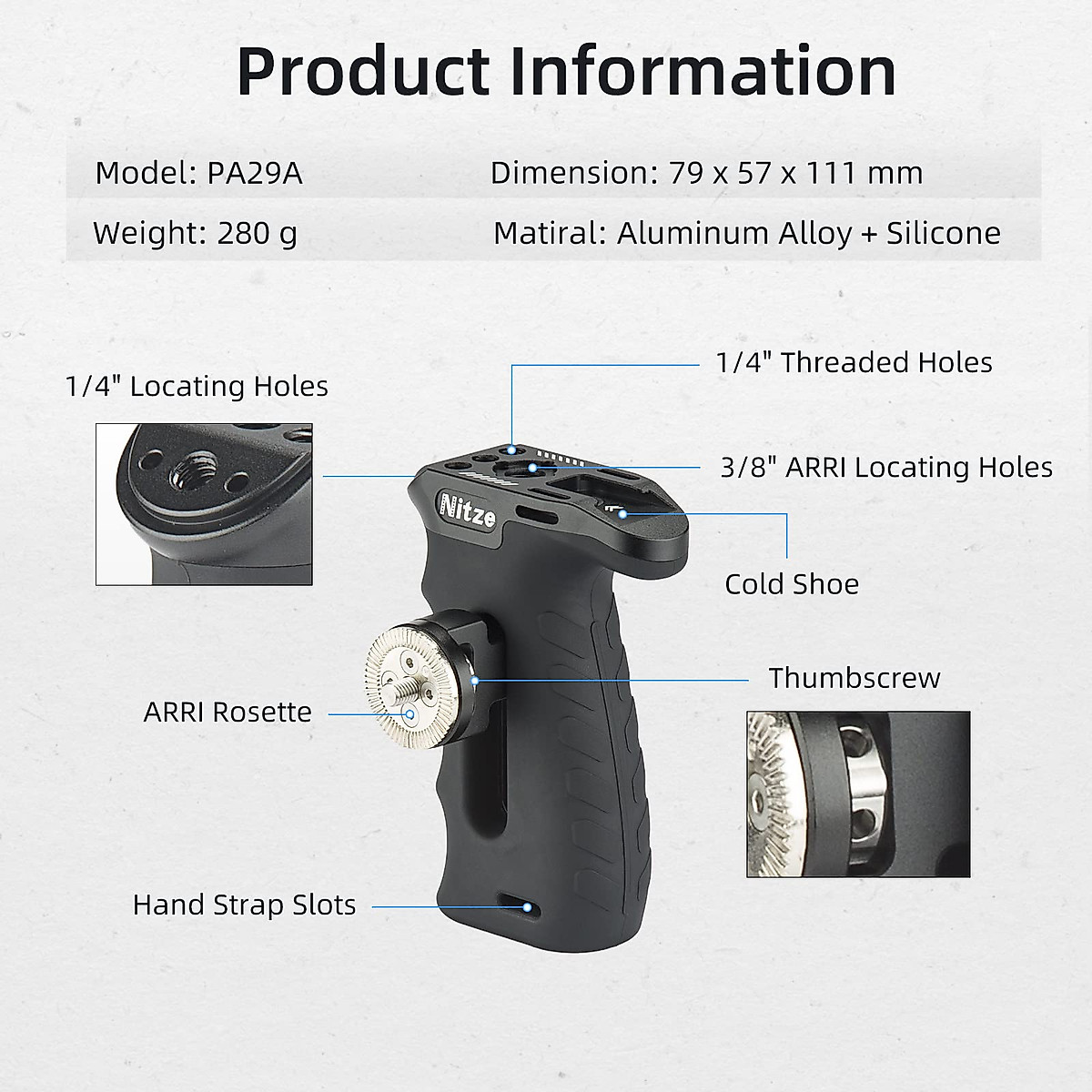 Nitze Ergonomic Side Handle with ARRI Rosette, Up and Down Adjustable Left/Right Side Handle for Camera and Monitor Rigs - PA29A