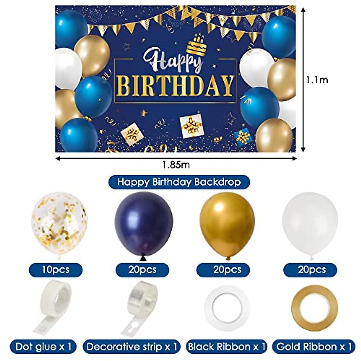 Rubfac Navy Blue Birthday Decorations Happy Birthday Backdrop with 70pc Navy Blue Gold and White Balloon Garland Kit Photo Backdrop Background for Birthday Party Decoration Supplies
