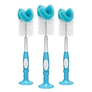 Dr. Brown's Reusable Sponge Baby Bottle Cleaning Brush Set with Suction Cup Stand, Scrubber and Nipple Cleaner, Blue 3-Pack
