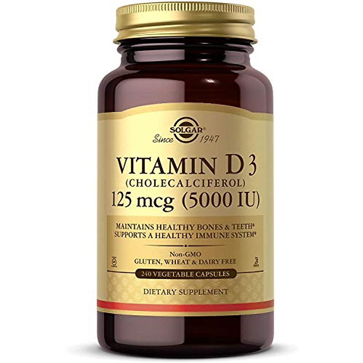 Solgar Vitamin D3 (Cholecalciferol) 125 mcg (5000 IU), 240 Vegetable Capsules - Helps Maintain Healthy Bones & Teeth - Immune System Support - Non-GMO, Gluten Free, Dairy Free, Kosher - 240 Servings