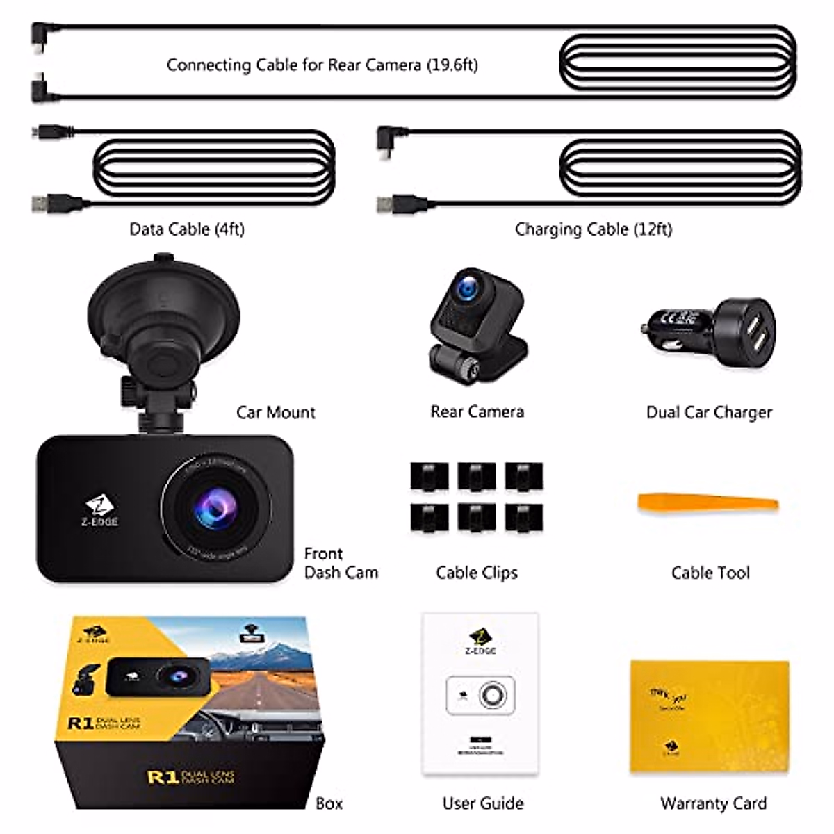 Z-Edge WiFi Dash Cam, 1920x1080P FHD, Front and Rear Dash Cam, Dual Cam, Car DVR, Night Vision, Parking Mode, G-Sensor, Loop Recording
