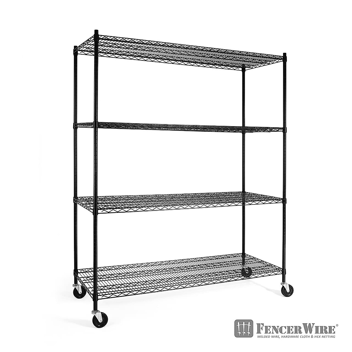Fencer Wire 4-Tier Commercial Grade Heavy Duty Adjustable Height Wire Shelving w/Casters & Leveling Feet, Garage Shelving Storage Organizer, Storage Metal Steel Shelf, Utility Storage Shelf, Black..