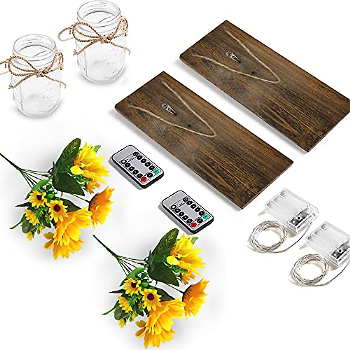 Mason Jar Sconces, Farmhouse Home Decor, Rustic Wall Sconces, LED Fairy Lights, Sunflower, Interior Decoration Warm Toned Lighting. (2 Pack)(with Remote Control)