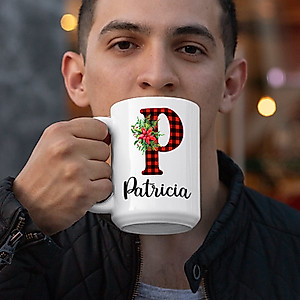 BigTees Personalized Floral Alphabet Mug, Custom Name Mug Gifts, Red Buffalo Plaid Monogram Initial, 11oz, 15oz