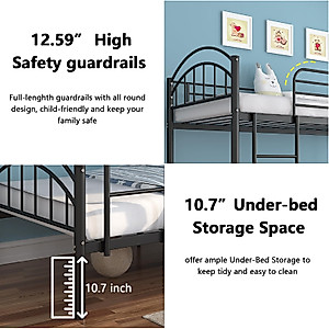 Lumelay Twin Over Twin Bunk Bed, Convertible Metal Bed Frame, Easy Assembly, Full-Length Guardrail, Space-Saving (Black)