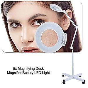 Ejoyous Magnifying Floor Lamp, 5X Glass Lens LED Magnifier Facial Light Rolling Floor Standing Salon Beauty Skincare Tattoo Manicure Equipement with Adjustable Gooseneck - White