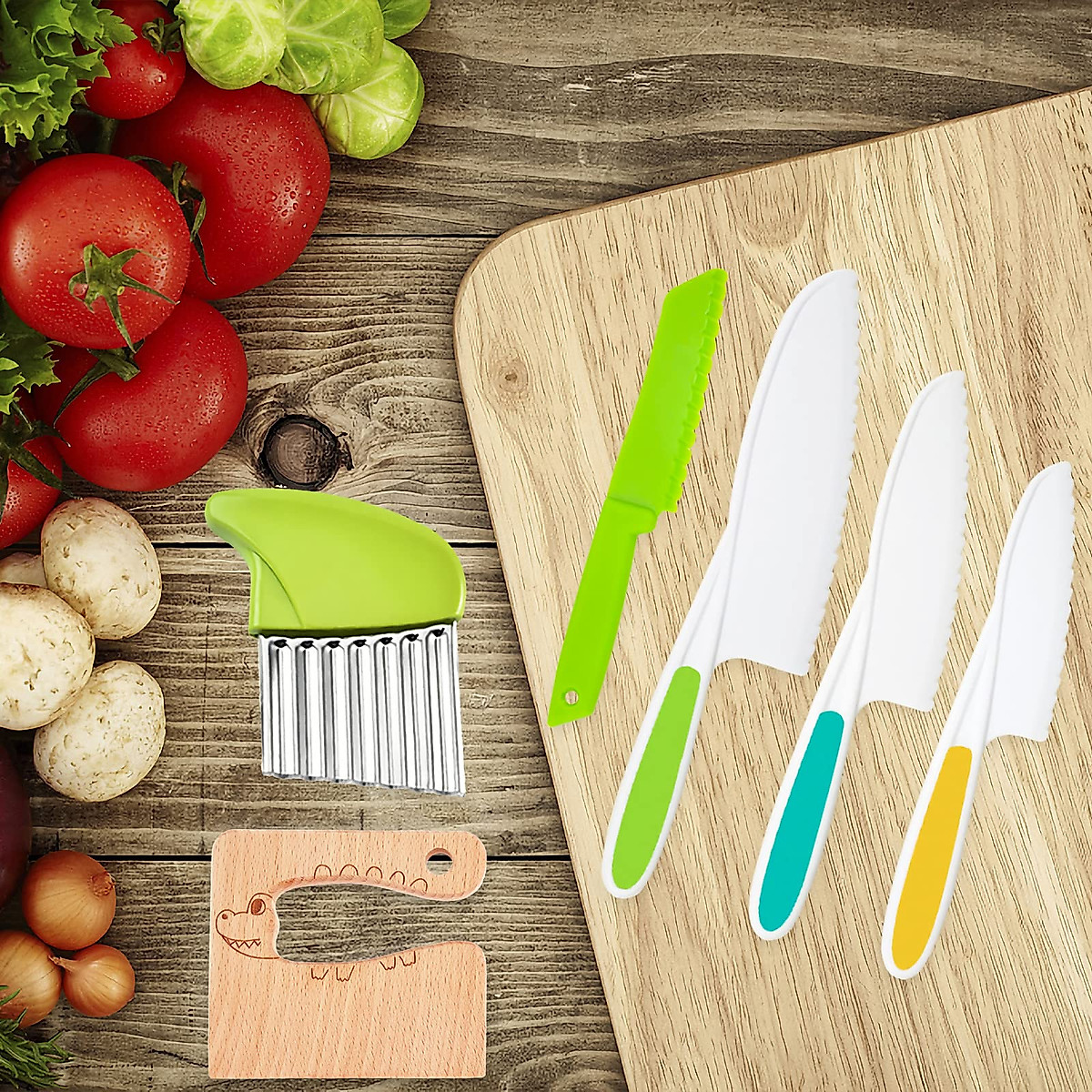 8 Pieces Wooden Kids Kitchen Knifes for Real Cooking Include Plastic Toddler Knife, Wood Kids Safe Knives, Potato Slicers, Serrated Edges Cooking Knife, Y Peeler, Cutting Board (Crocodile)