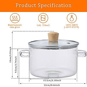 Glass Saucepan with Lid, 1.6L/54oz Heat Resistant Glass Stovetop Pot with Handles Non-Stick Borosilicate Glass Stovetop Soup Pot Glass Cooking Pot Safe Clear Cooking Pot for Soup Milk Sauce Pasta