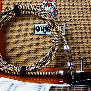 mffmffm Audio Instrument Cable 20 ft, Bass AMP Cord for Electric Guitar, 1/4 Inch Guitar Cable Pro Audio, Black & Glod Braided Tweed (Right Angle to Straight)