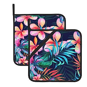 Pot Holders Sets Neon Tropical Hawaiian Flowers Heat Resistant Coaster Potholder 2 Pcs Set for Cooking Baking Non-Slip Water-Proof Potholders for Kitchens