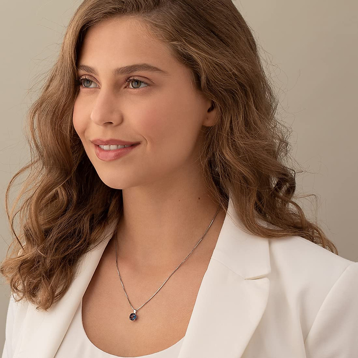 PEORA Created Alexandrite Pendant for Women 14K White Gold, Color-Changing Classic Solitaire, 2.35 Carats Round Shape 8mm, AAA Grade