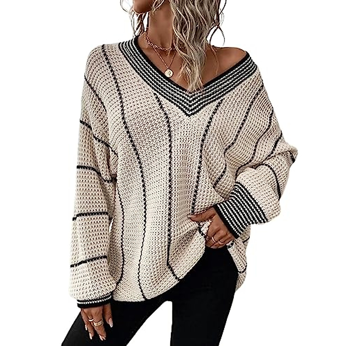 Dokotoo Womens Oversized Long Sleeve Sweaters Winter Trendy V Neck Striped Sweater Fashion Long White Sweaters for Women X-Large