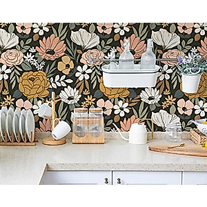 HAOKHOME 93217 Vintage Large Floral Peel and Stick Wallpaper Removable Daisy Leaf Black/Sand/Oliva Vinyl Self Adhesive Mural 17.7in x 6.6ft
