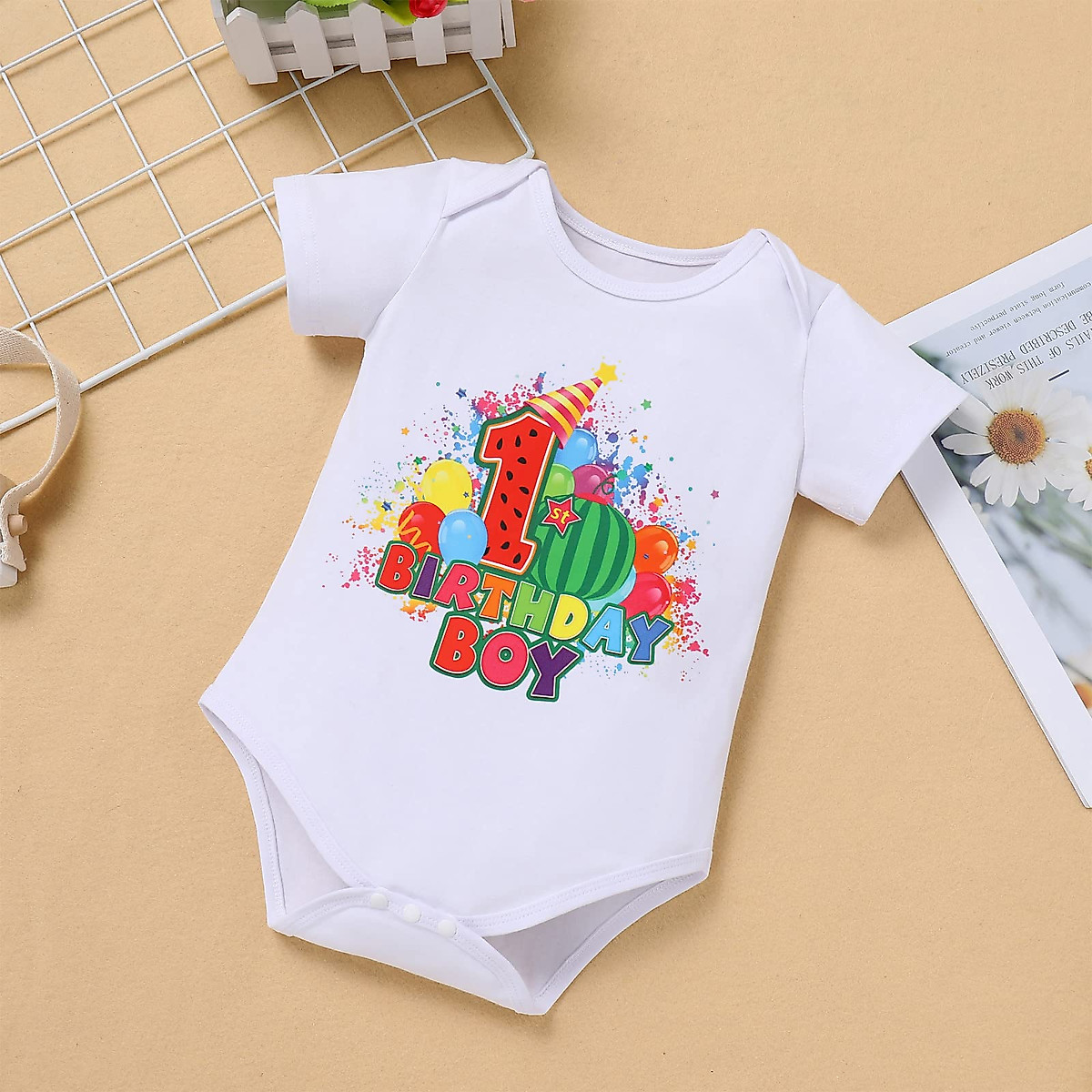 Watermelon 1st 2nd 3rd 4th 5th Birthday Boy Outfit for Baby Toddler Cake Smash Melon Bowtie Romper Bodysuit Jumpsuit +Denim Shorts+Suspenders Photo Shoot Formal Suit Blue Crown-1st Birthday Boy 1T