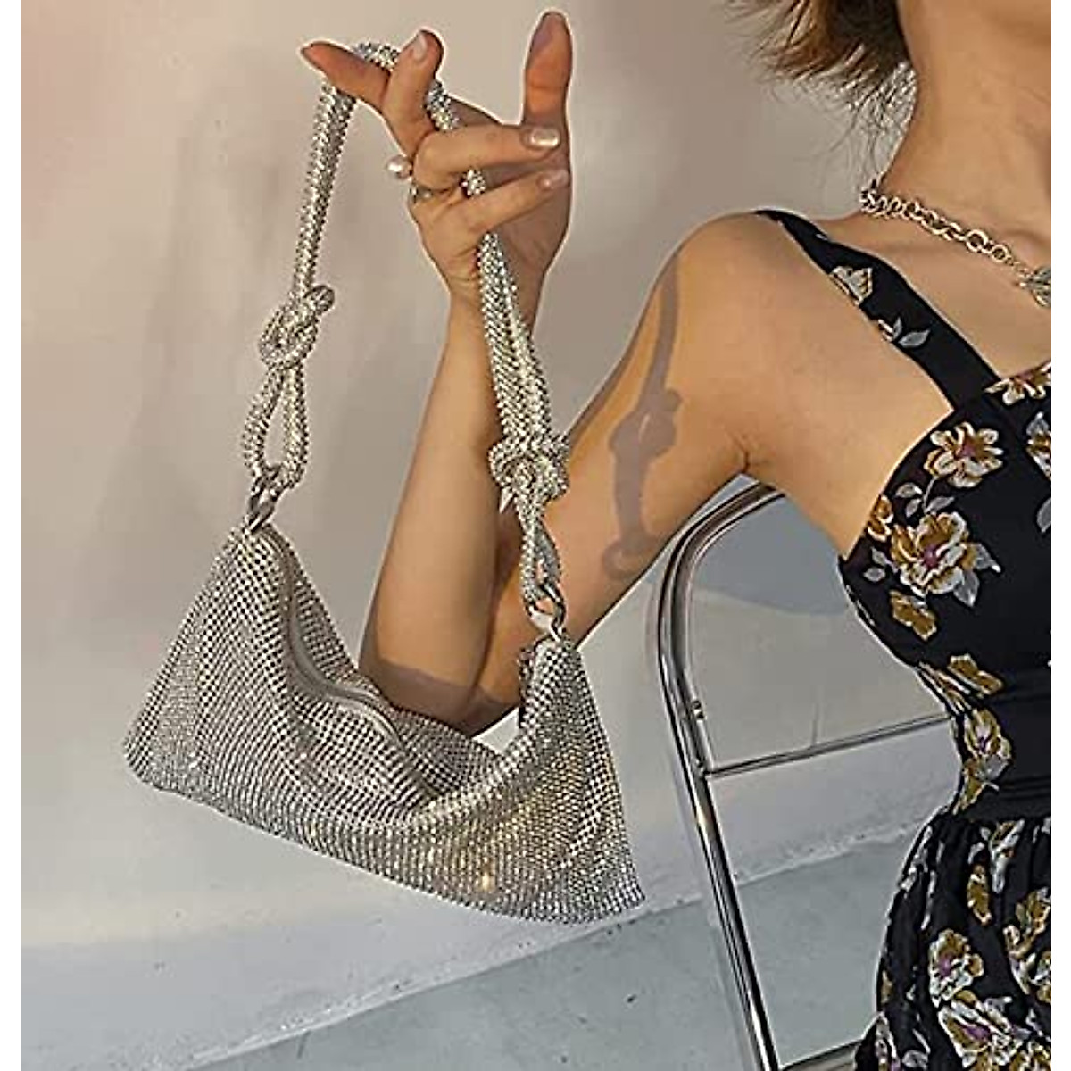 Rhinestones shoulder bag for Women, Rhinestones Hobo Bag, Luxury Sparkly Crystal Diamond Silver Clutch Purses for Party Club Wedding