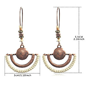 Lightweight Handmade Weave Boho Bohemian Fan Shape Earrings for Women Geometric Dangle Drop Hollow Half Round African Tribal Ethnic Jewelry (Copper)