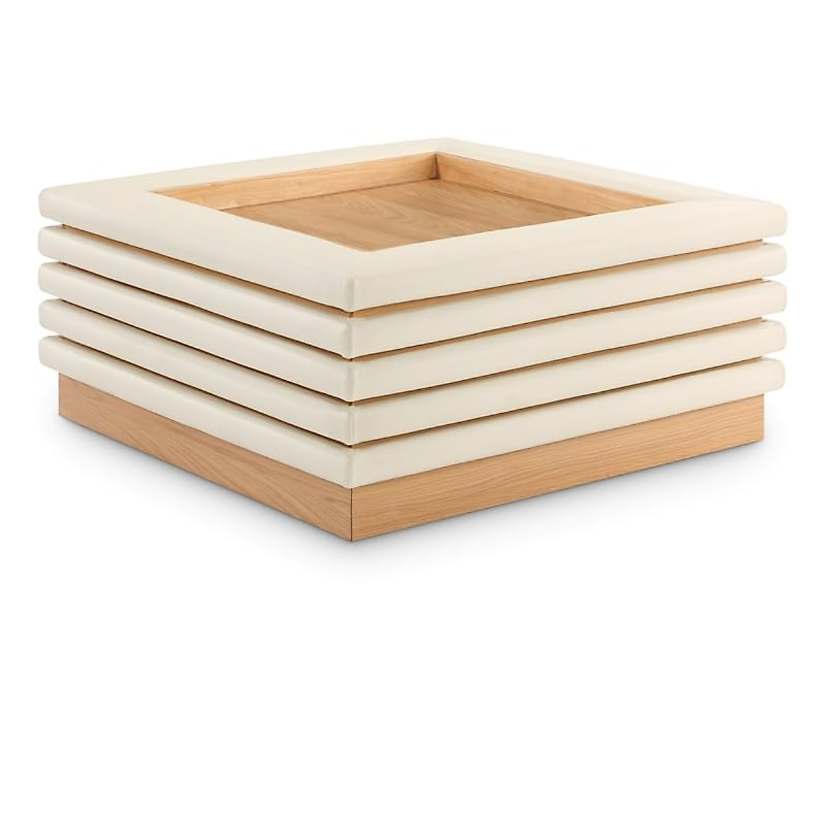 Meridian Furniture 210Cream-CT Rory Collection Modern | Contemporary Upholstered Coffee Table, Soft Cream Vegan Leather, Natural Finish Oak Veneer, Deep Channel Tufting, 39" W x 39" D x 16" H, Cream