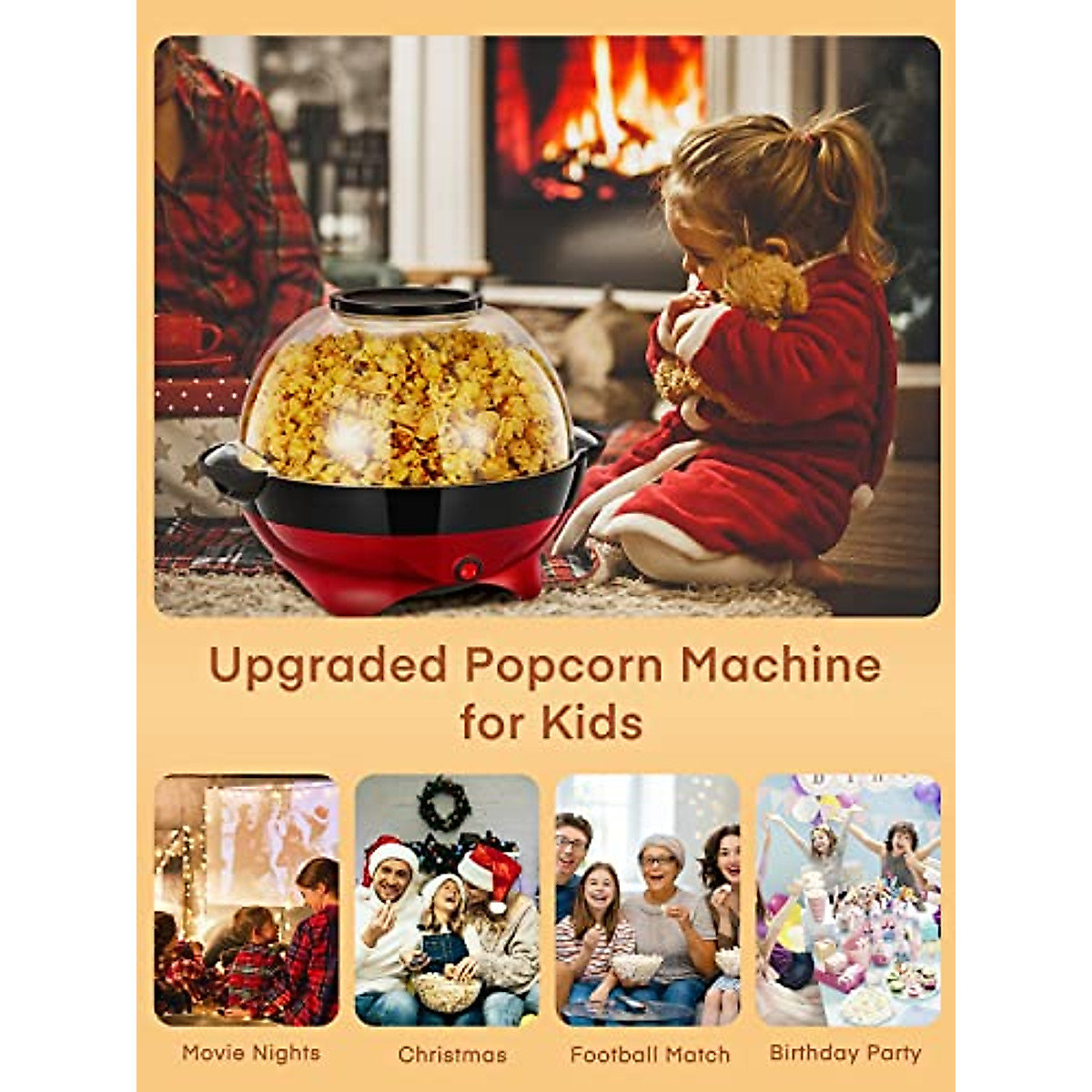Popcorn Machine, 6.3 Qtrs./28 Cup Popcorn Maker, 800w Stir Crazy Popcorn Popper with Quick-Heat Technology, Removable Non-Stick Surface, Cool Touch Handles, Thicken Transparent Cover, 2 Measuring Cap
