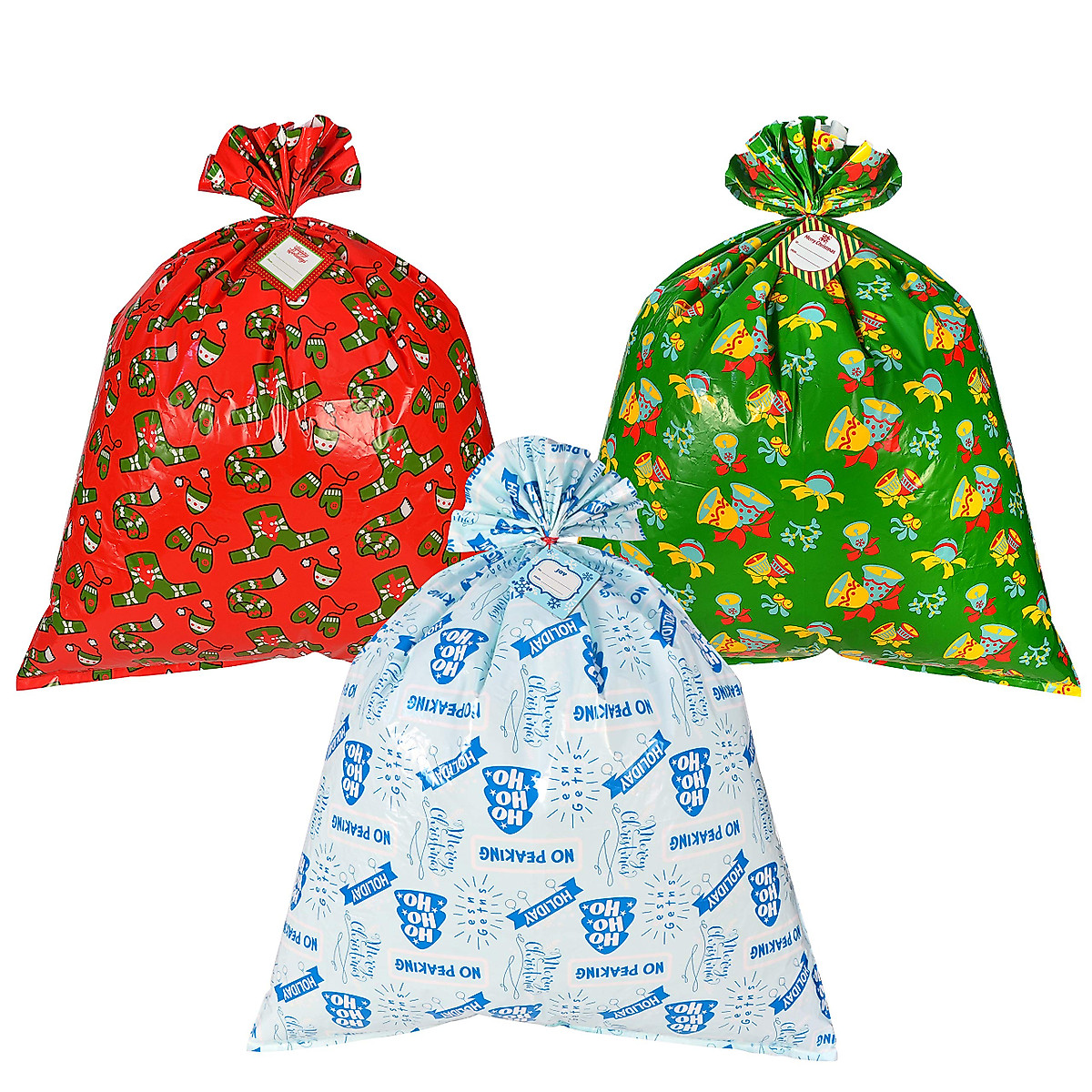JOYIN 6 Pieces Christmas Giant Goody Gift Bags, Jumbo Size 43” X 36”, W/ Tie & Name Card Assortment for Holiday Treats, Oversize Xmas Gifts, Heavy Duty Party Favor Supplies, Christmas Goodie Large Bags