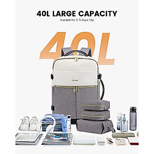 LOVEVOOK Travel Backpack for Women, TSA Carry On Backpack Flight Approved Luggage, 40L Water Resistant Personal Item Daypack Large Weekender Bag fit 17 inch Laptop with 3 Cubes, Beige Grey