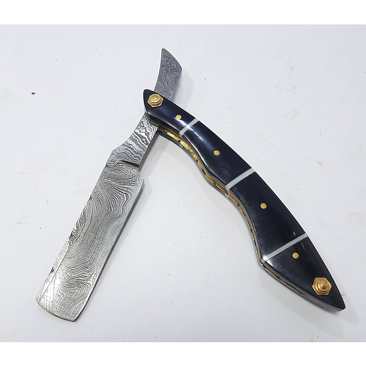 Qureshi Knifes Damascus Steel Straight Razor fixed Blade Camel Bone with Leather Sheath Belt Loop. STR-24001