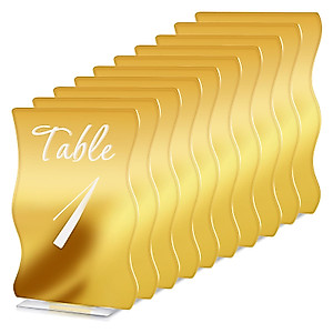 Gold Table Numbers 1-10 with Stands Holders 4.5"x6.7" Wave Elegant Wedding Acrylic Table Numbers Large Modern Mirror Table Number Signs for Party(Gold White Fonts,pack of 10)