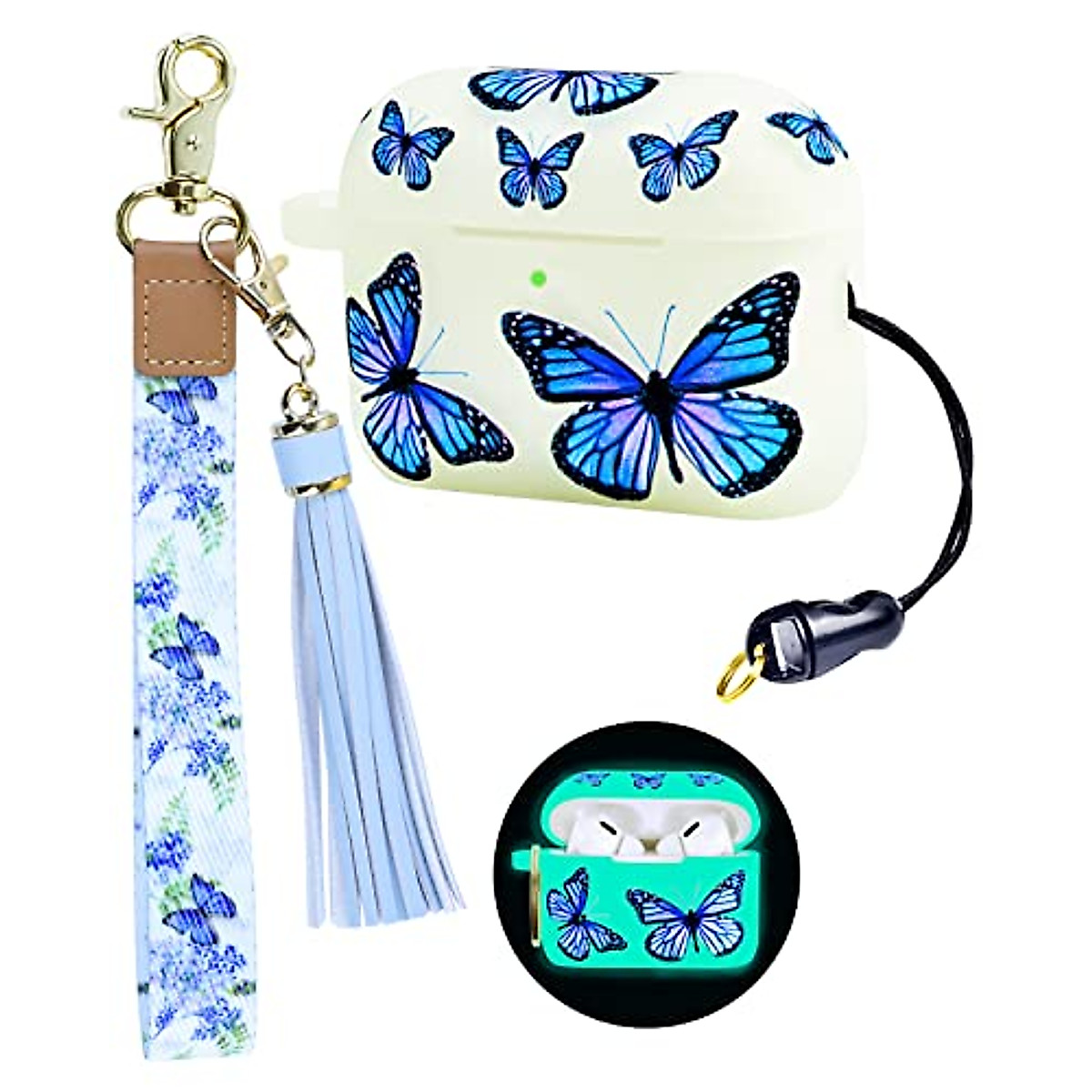 Airpods Pro 2 Case with Keychain Wristlet, Soft Cute Luminous Airpods Pro 2nd Generation Case Cover with Wrist Key Lanyard for AirPods Pro 2nd Generation (2022 Released) Gifts for Women Butterfly