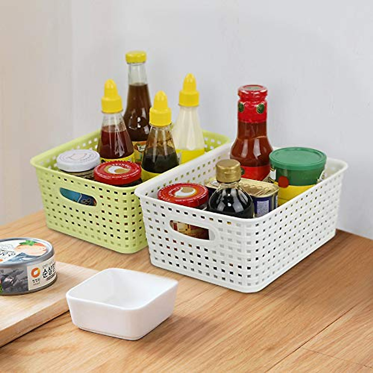 Ponpong Plastic Weave Storage Basket, Plastic Basket Organizer Storage, 6 Pack