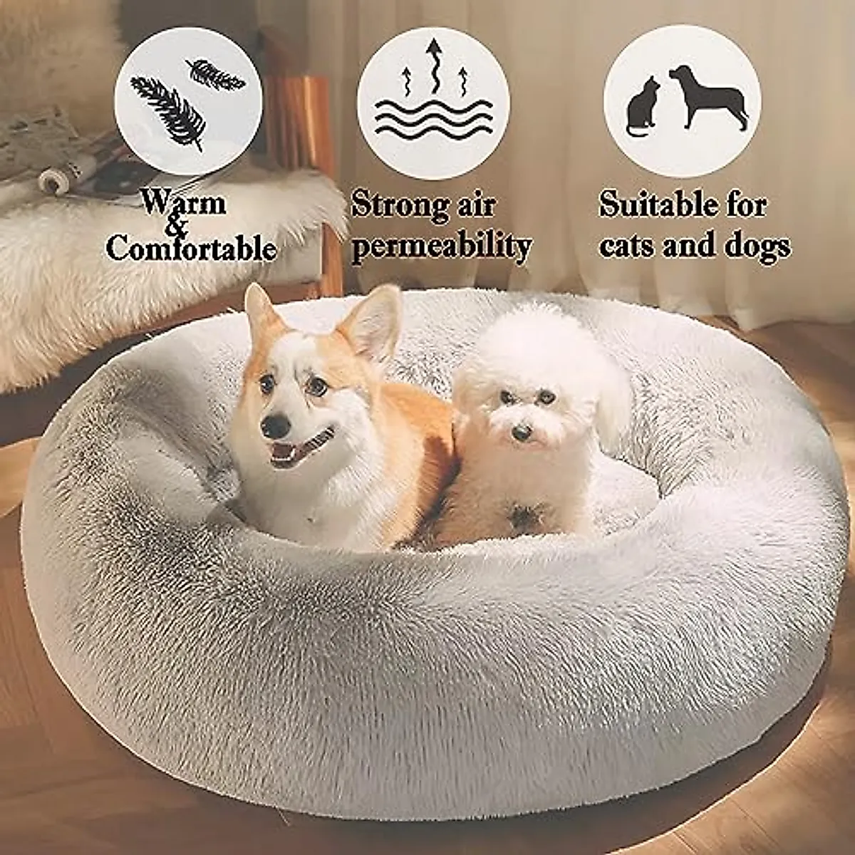 XIEMINLE Donut Cat Bed Anti Anxiety Dog Bed, Fluffy Calming Pet Bed Round Plush Pet Bed for Large Medium Small Dogs and Cats, Dog Sofa Bed with Non-Slip Bottom,80cm/31.5in,Purple