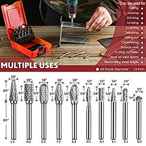 WHISTECK Carbide Burrs Set, 10 Pcs Double Cut Solid Tungsten Carbide Rotary Burr Set, 1/4 Inch Shank Die Grinder Bits, Rotary File for Die Grinder Metal Carving, Polishing, Engraving, Drilling