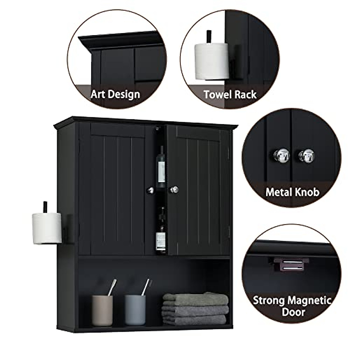 Iwell Bathroom Cabinet Wall Mounted with 2 Shelf & Toilet Paper Holder, 23.6''L*8.9''W*27.9''H Medicine Cabinet, Double Doors for Bathroom, Over The Toilet Space Saver Storage Cabinet, Black