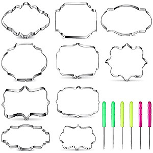 10 Pieces Plaque Frame Cookie Cutter Stainless Steel Biscuit Cutter Fondant Cake Decorating Tools and 6 Pieces Sugar Stirring Pins for Kitchen Baking