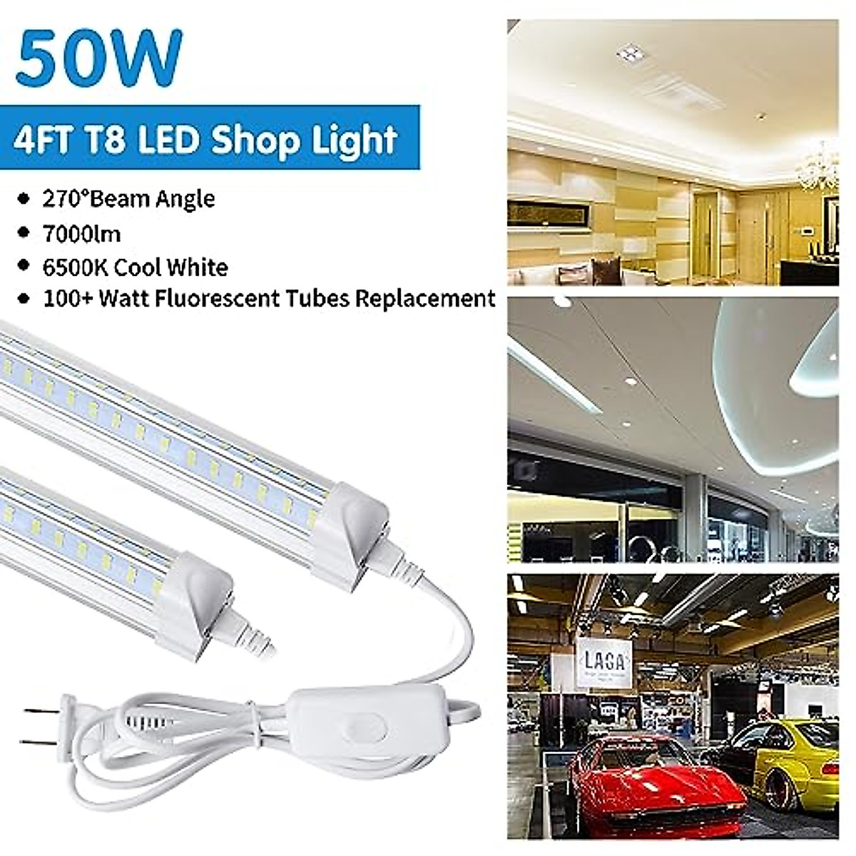 AQIQUUT Led Shop Light 4FT, Led Garage Light,50W 6500K T8 Led Daylight 7000LM Linkable Clear Cover Integrated V-Shape,for Garage Warehouse Workbench Workshop,4-Pack