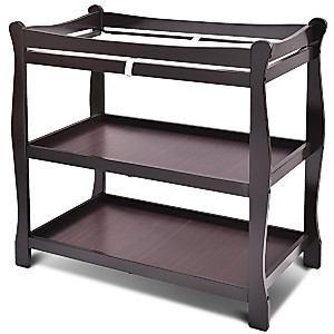 Costzon Baby Changing Table, Infant Diaper Changing Table Organization, Newborn Nursery Station with Pad, Sleigh Style Nursery Dresser Changing Table with Hamper/ 2 Fixed Shelves (Espresso)