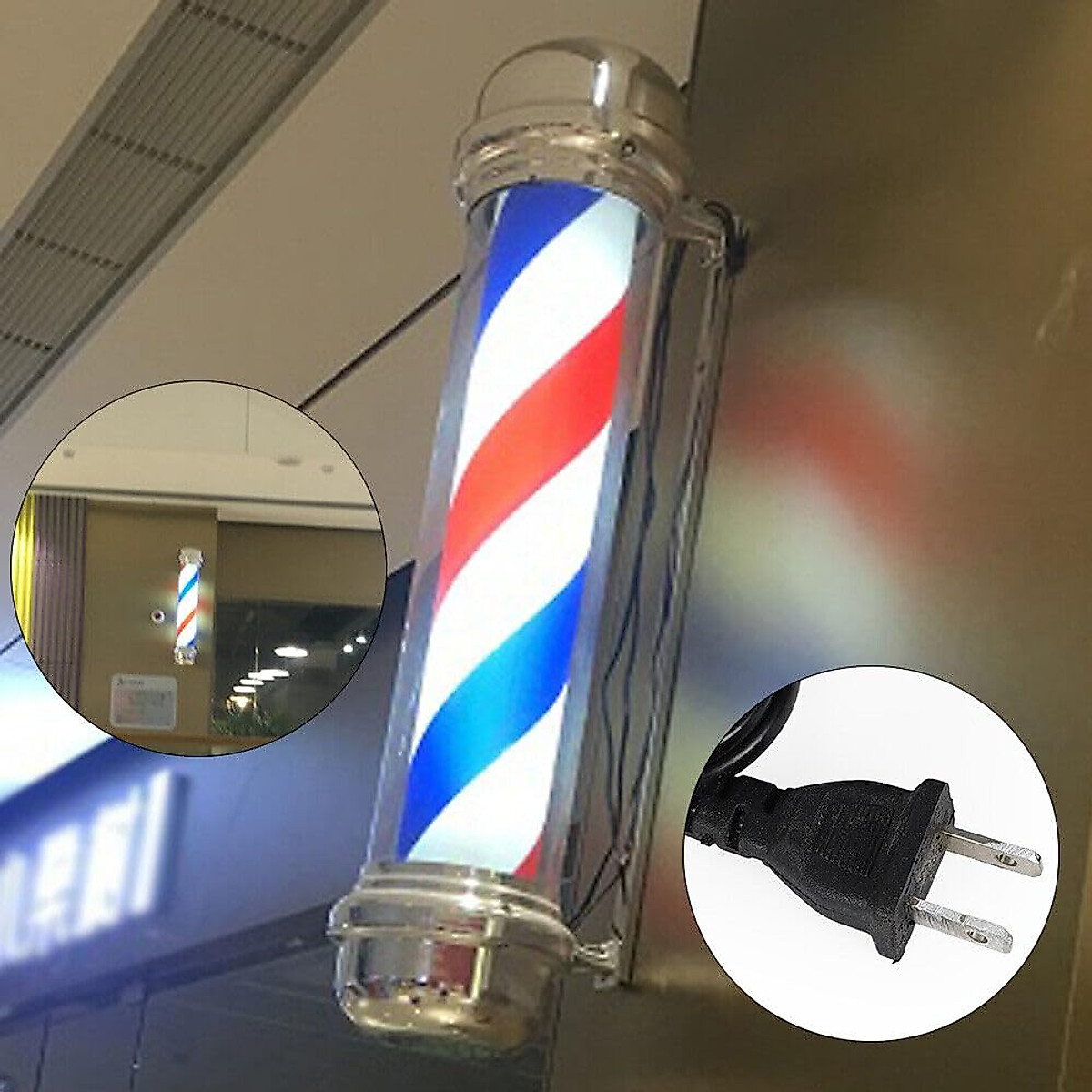 HuaShuani Hair Salon Barbershop LED Neon Sign Lights Open Rotating Signs, Barber Red White and Blue Light Poles Glow LED Global Lights 28 Inches, Sign Wall Mounted Waterproof Energy Saving