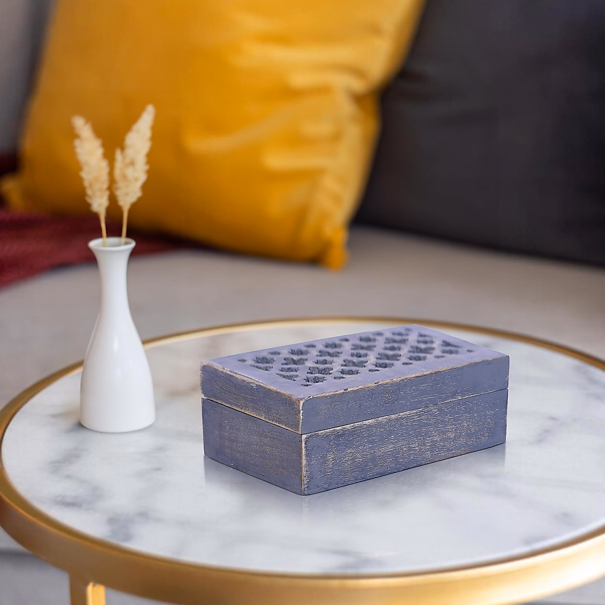 Mela Artisans Medium Keepsake Box with Hinged Trellis Lid - Distressed Dove | Wooden Decorative Box | Keepsake Memory Box | Mango Wood Storage Box | Store Trinkets, Cards & Stash | 7.5” x 4.5” x 3