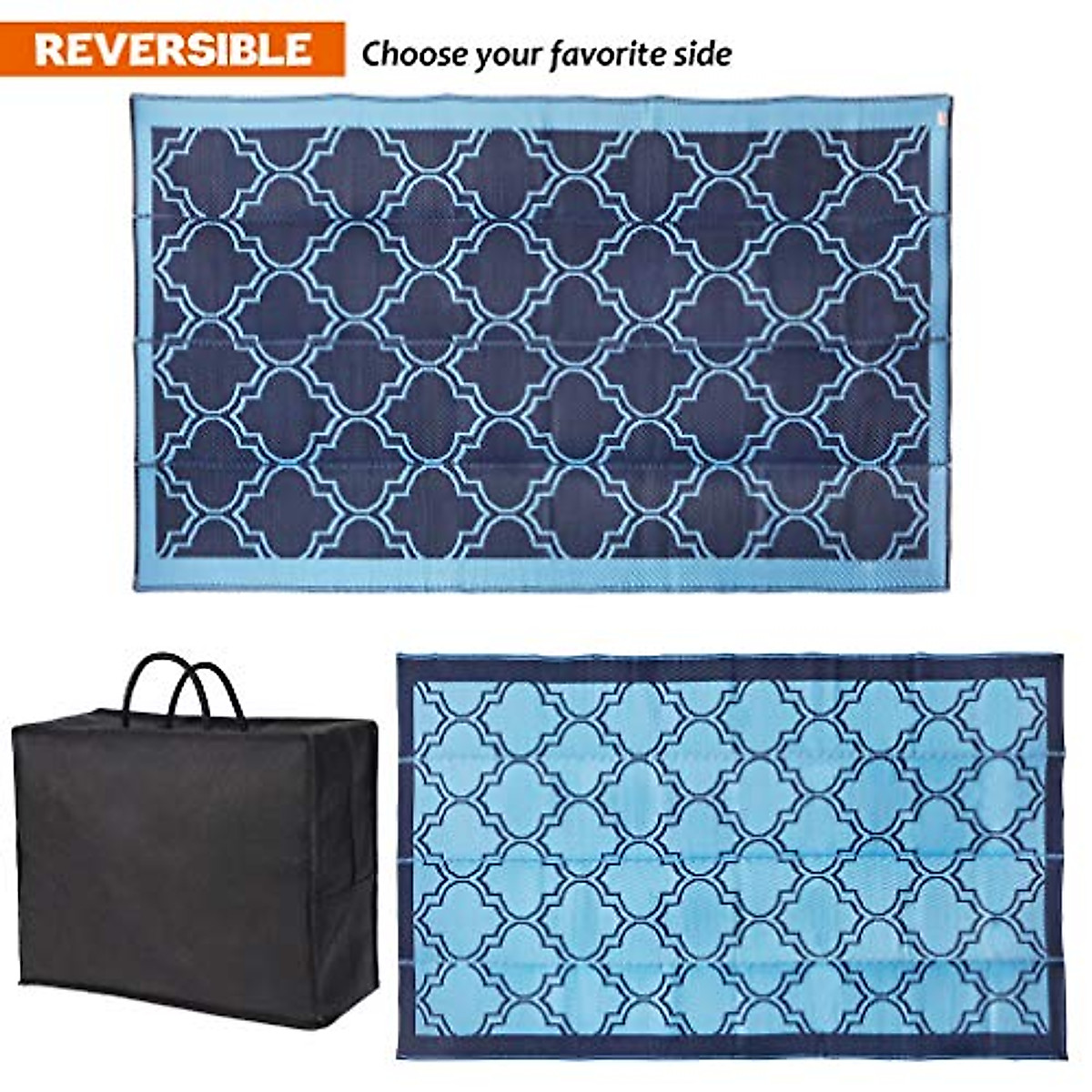 SAND MINE Reversible Mats, Plastic Straw Rug, Modern Area Rug, Large Floor Mat and Rug for Outdoors, RV, Patio, Backyard, Deck, Picnic, Beach, Trailer, Camping (5' x 8', Blue Quatrefoil)