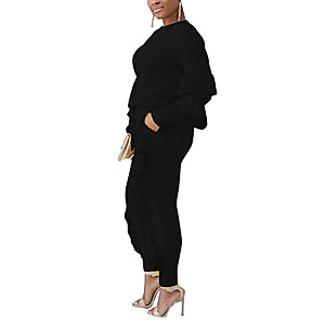 KANSOON Women 2 Pieces Outfits Long Sleeve Sweatshirt and Bodycon Ruffle Sweatpants Tracksuits Black Large