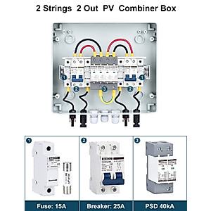 DIHOOL PV Solar Combiner Box for Solar Panels, 2 String 25 Amp IP65 Box DC500V 50A Miniature Circuit Breakers