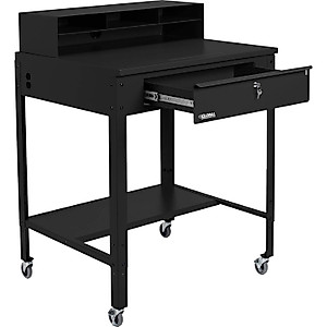 Global Industrial 34-1/2"W x 30" D x 38" H Mobile Shop Desk with Pigeonhole Compartment Riser Flat Surface, Black
