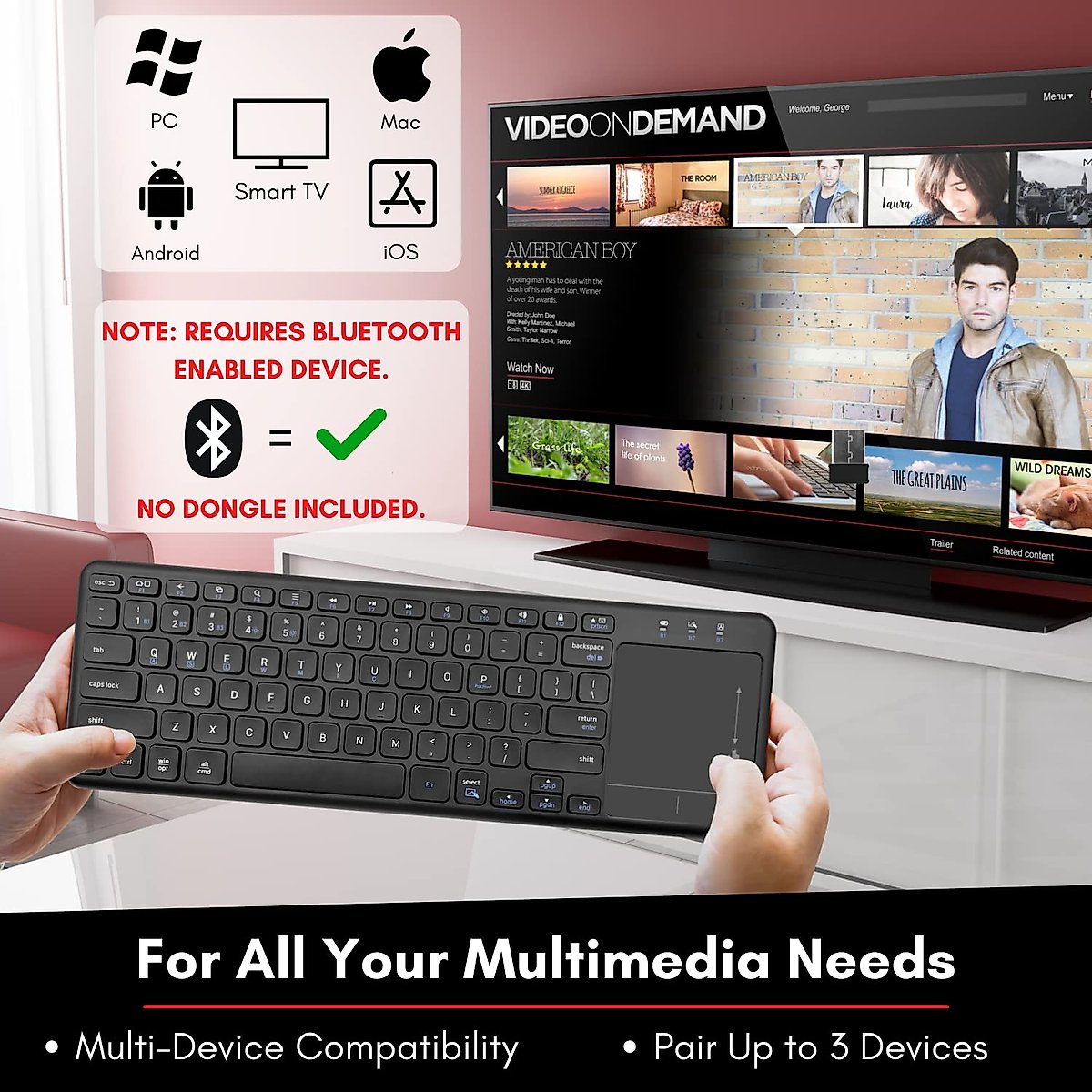 Macally Bluetooth Keyboard with Touchpad for Easy Media Control - Perfect TV Wireless Keyboard with Trackpad for Samsung LG HTPC Mac - Small - Smart TV Keyboard