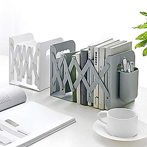 Autek Adjustable Bookend with Pen Holder Desktop Bookshelf Book End ABS Rack Desk File Book Storage Ideal Book Organizer for Home, School and Office White