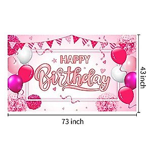 Hot Pink Happy Birthday Banner Backdrop Decorations for Girls Women, Happy Birthday Party Sign Supplies, Large 10th 16th 21st 30th 40th 50th Birthday Background Photo Booth Props Decor