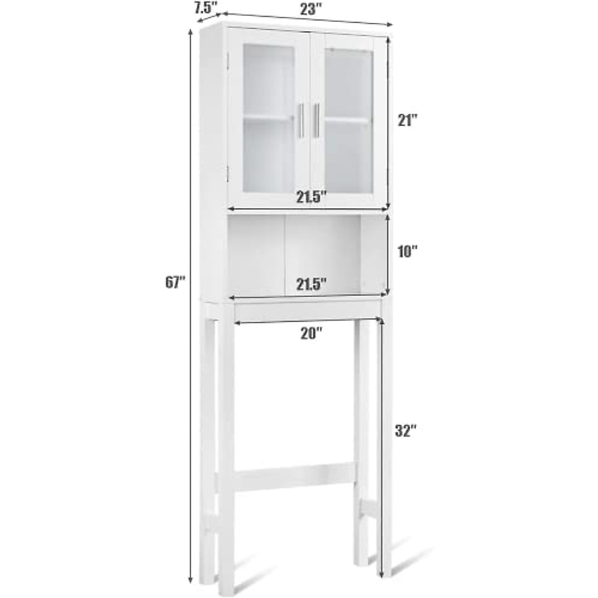 WATERJOY Over The Toilet Storage Cabinet, Bathroom Cabinet Organizer with 2 Moru Tempered Glass Door, Space-Saving Toilet Shelf, White