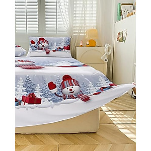 AMZRicher Winter Snowman Wrap Around Pleated Bed Skirts for Twin XL Bed 39x80, Decorative Dust Ruffle Bed Sheet & Bedskirt 18'' Drop Bedspread with Pillow Case 20x30 Christmas Forest Snowy Tree