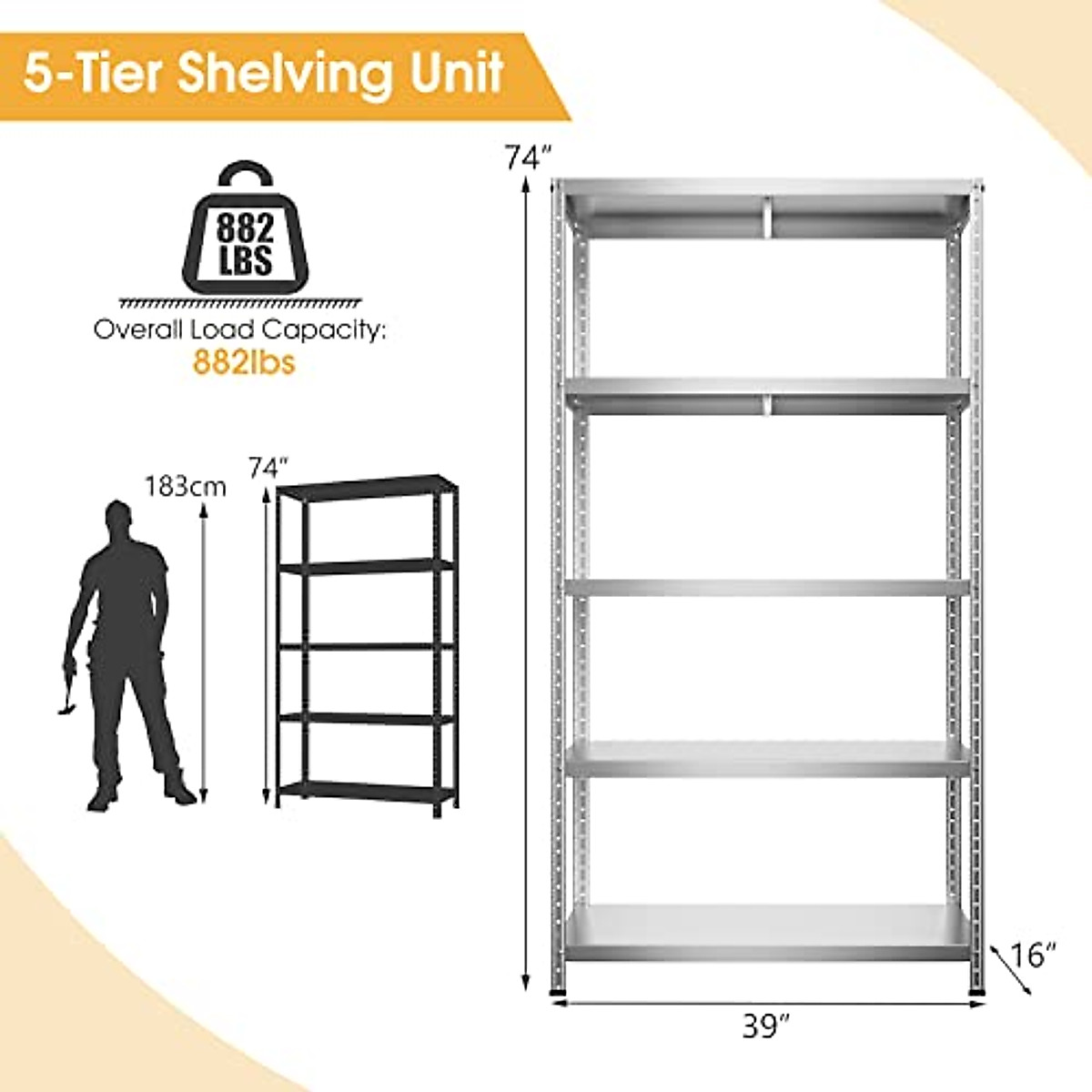 Tangkula Garage Storage Shelves for Free Combination, 5-Tier Heavy Duty Metal Shelving Unit, Multipurpose Organizing Rack for Basement Warehouse Garage, Simple Assembly, 39 x 16 x 74 Inch (1, Silver)