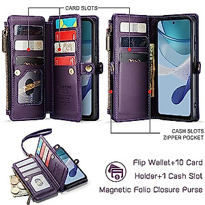 Defencase for Moto G 5G Case 2023, RFID Blocking Motorola Moto G 5G 2023 Case Wallet for Women and Men, Fashion PU Leather Flip Wrist Strap Zipper Card Holder Phone Case for Moto G 5G 2023, Purple