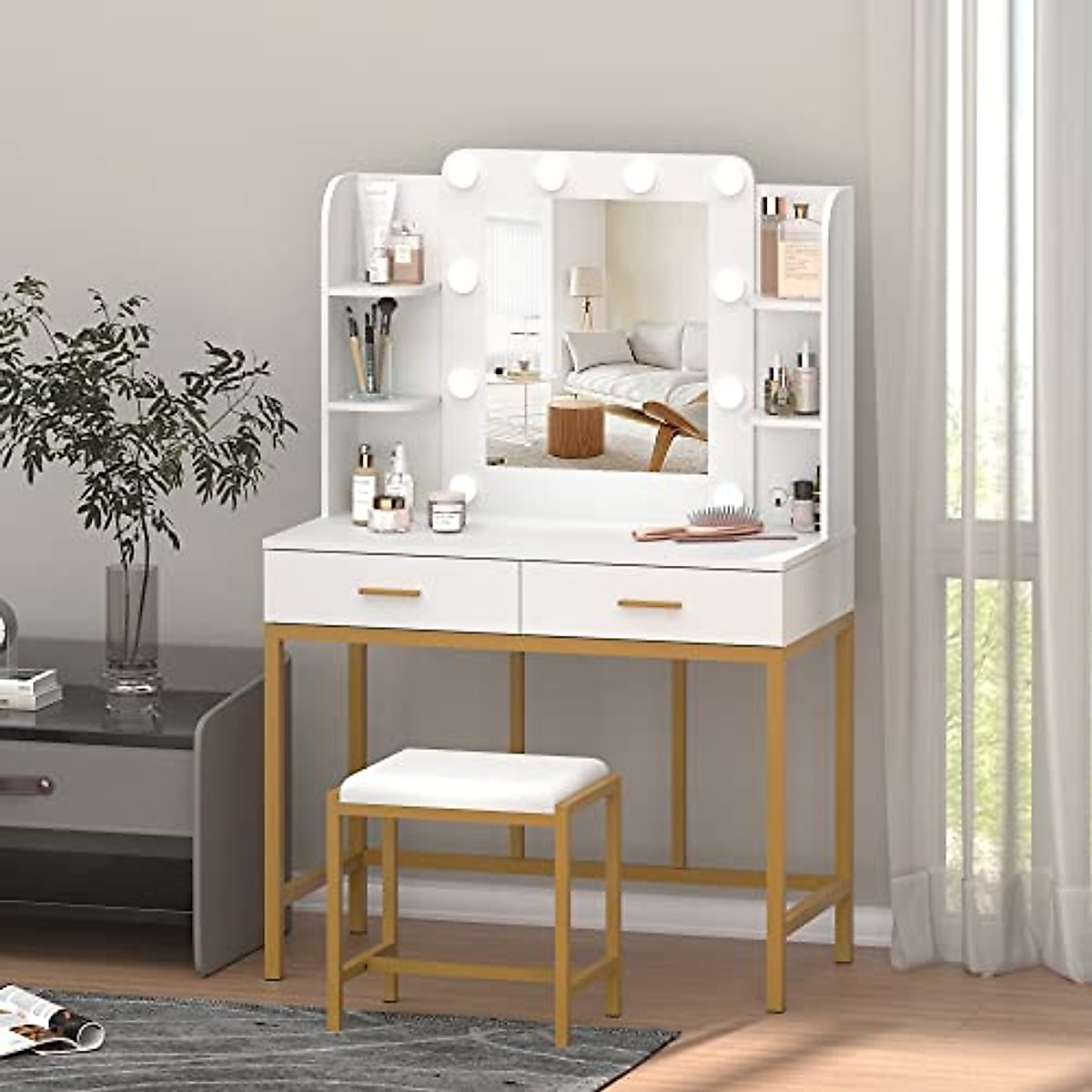 Vabches Makeup Vanity with Lighted Mirror,Vanity Mirror with Lights and Table Set,Vanity Set with 10 LED,Vanity Desk with 3 Lighting Modes and 2 Drawers&Cushioned Stool for Bedroom.