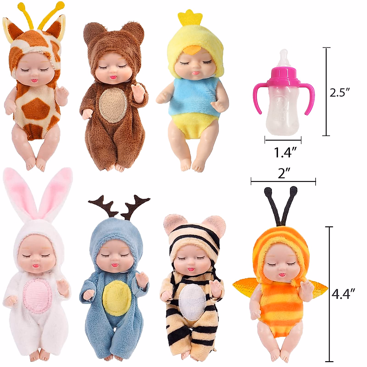 Carreuty Mini Reborn Baby Doll 8 Pcs 4 Inch Tiny Slepping Baby Washable PVC Material Realistic Baby Doll with Animal Clothes and Hat with 2 Milk Bottle for Girls and Boys